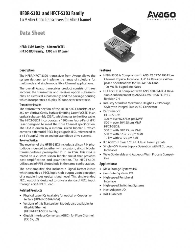 HFBR-53D3EM datasheet page 1
