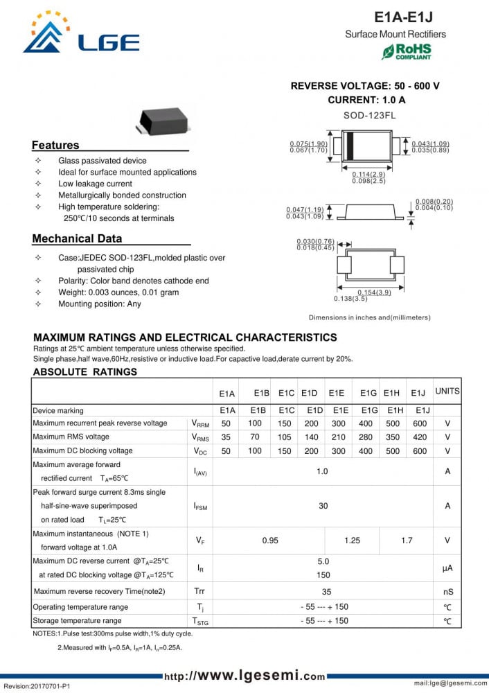 LGE E1J rectifier diode datasheet page 1