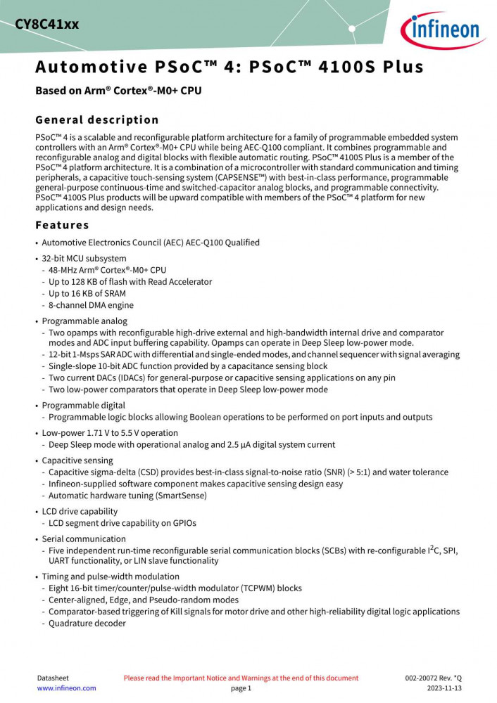 Infineon PSoC 4100S Plus datasheet page 1