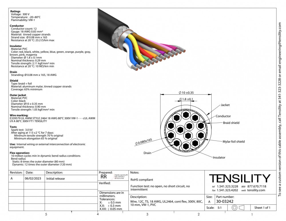Tensility International 30-03242 product drawing and cable specification