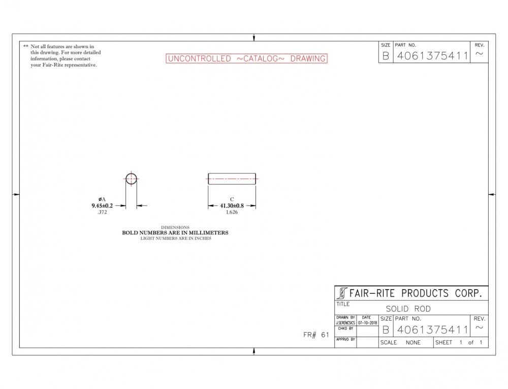 Fair-Rite 4061375411 solid rod dimensional drawing