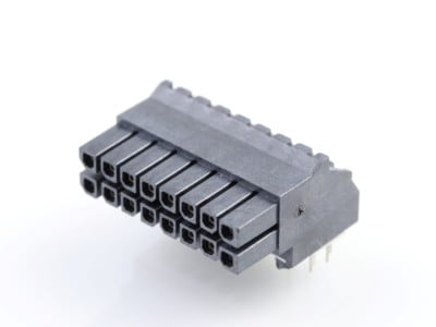 Micro-Fit BMI Receptacle Header, Dual Row, Right-Angle, with Press-fit Plastic Pegs, 0.38µm Gold (Au) Selective Plating, Mylar Positioning Strip, 24 Circuits