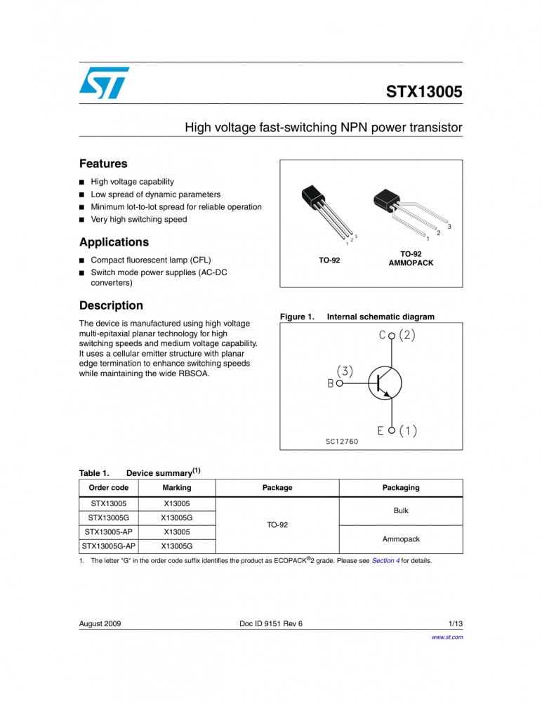 STX13005 datasheet page 1