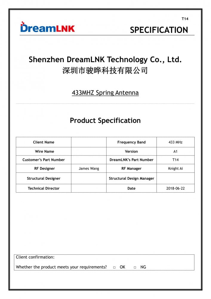 DreamLNK T14-433M specification page 1