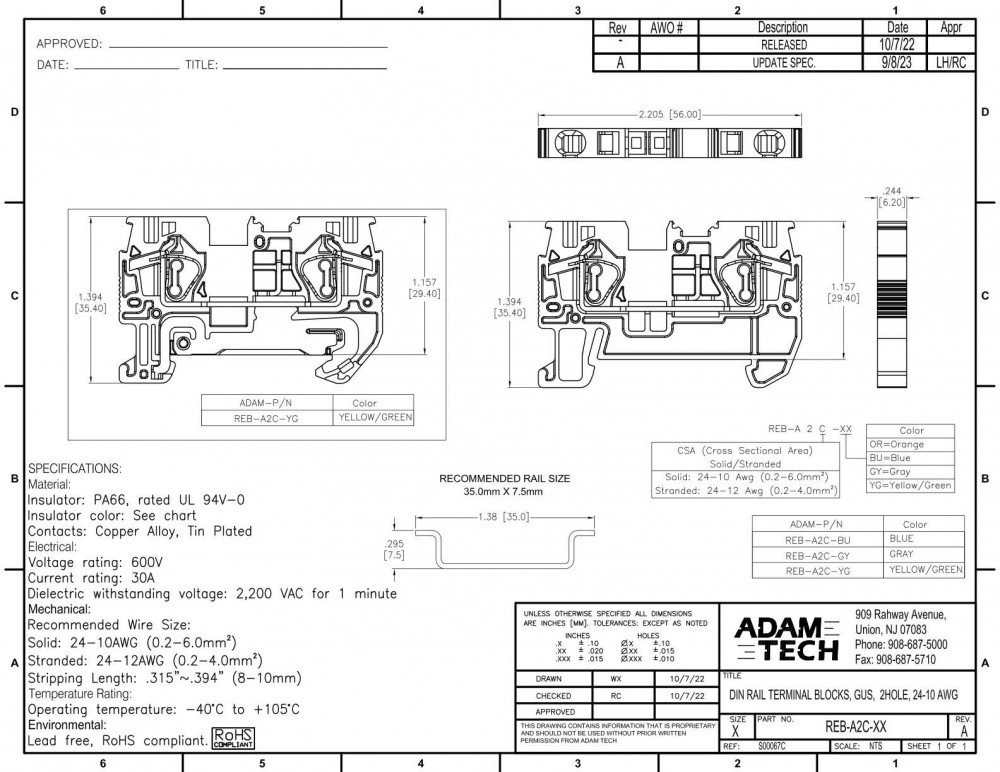 ADAM TECH REB-A2C terminal block technical drawing