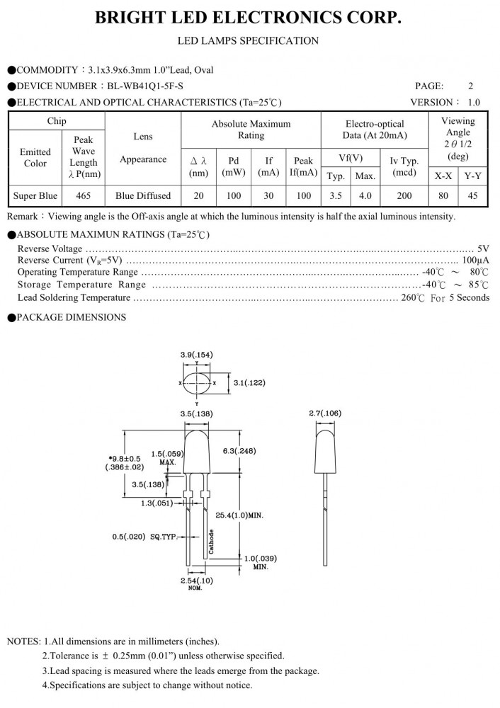 BL-WB41Q1-5F-S specification page 2: electrical and optical characteristics and package dimensions