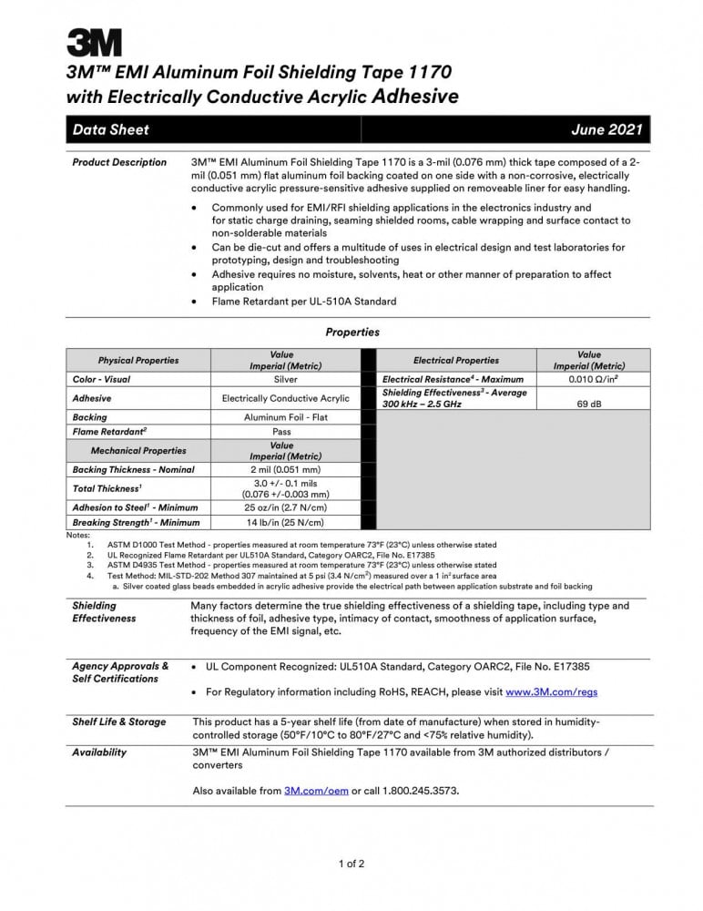 3M 1170 technical document page 1