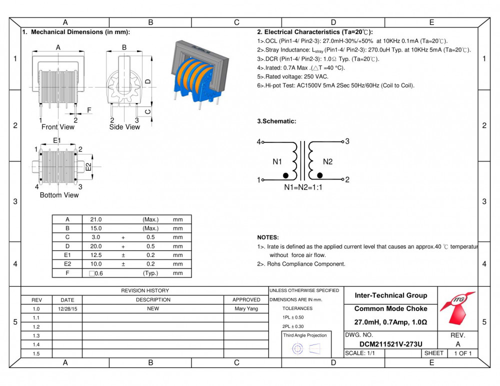 ITG Electronics DCM211521V-273U common-mode choke technical drawing