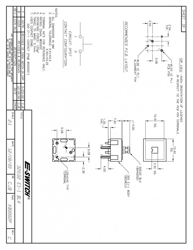 E-Switch 320.02E11BLK product document page