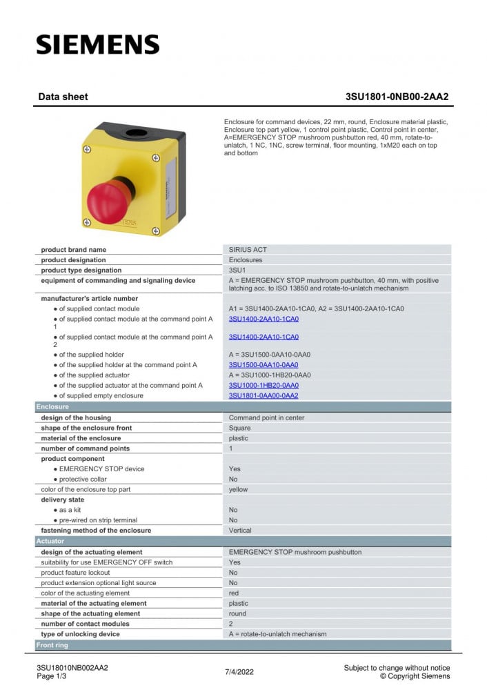 SIEMENS 3SU18010NB002AA2 document page 1