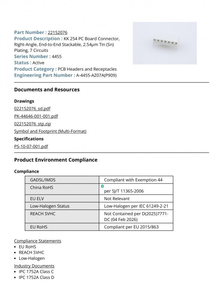 Technical document page 1 for MOLEX 22152076