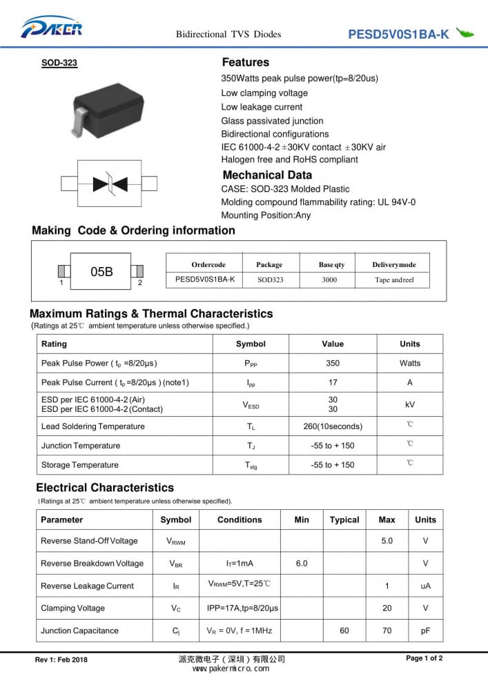 PESD5V0S1BA-K datasheet page 1