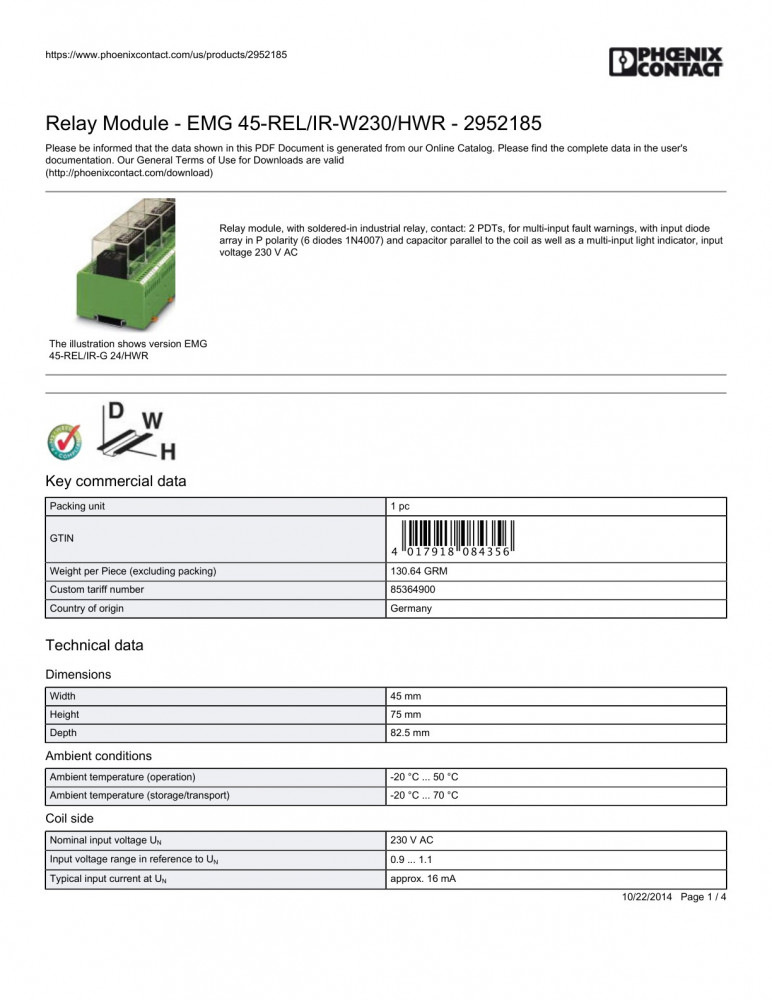 Phoenix Contact 2952185 technical document page 1