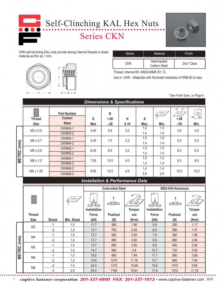 Captive Fastener Corporation CKN series technical document preview