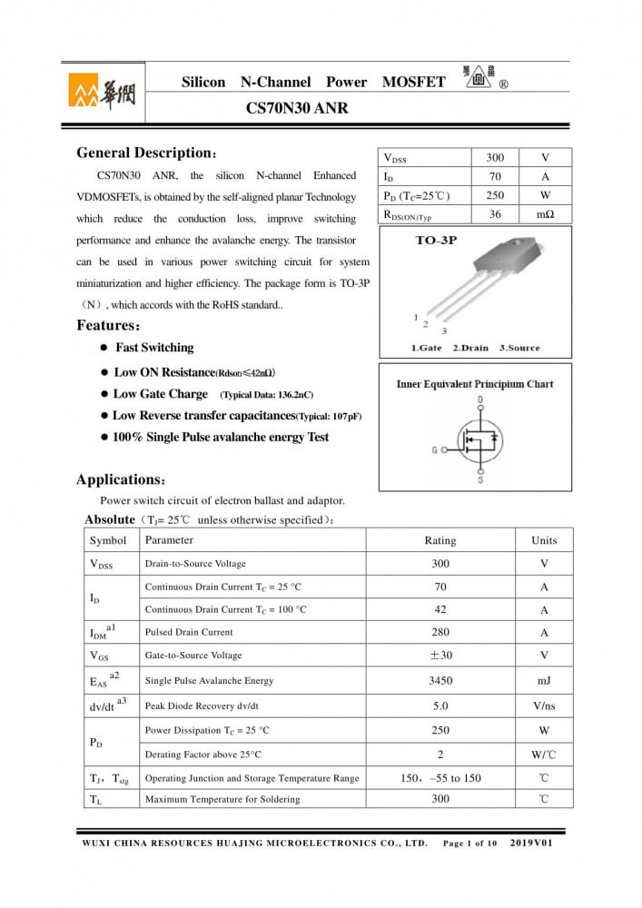 CS70N30ANR datasheet page 1