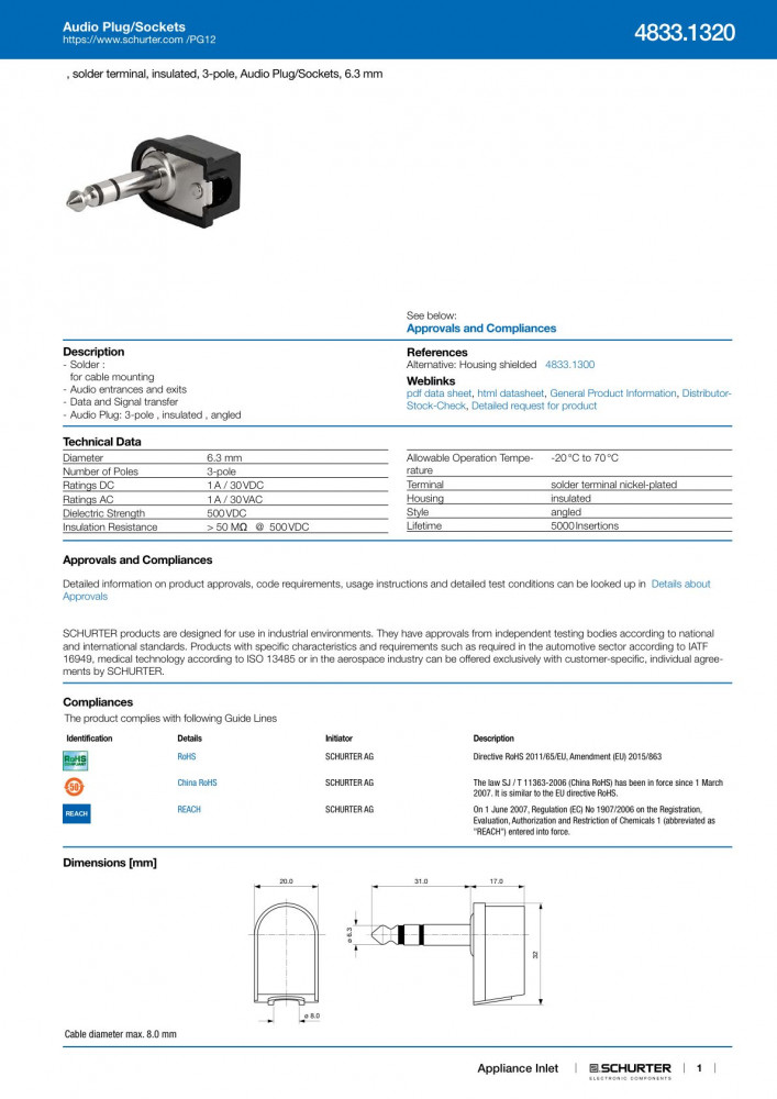 SCHURTER 4833.1320 technical document page 1