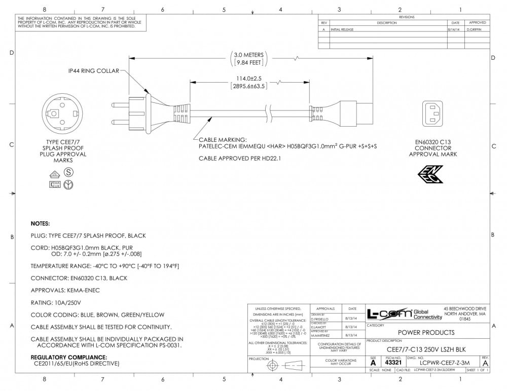 L-com LCPWR-CEE7-Z-3M technical drawing