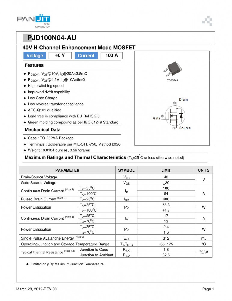 PANJIT PJD100N04-AU datasheet page 1