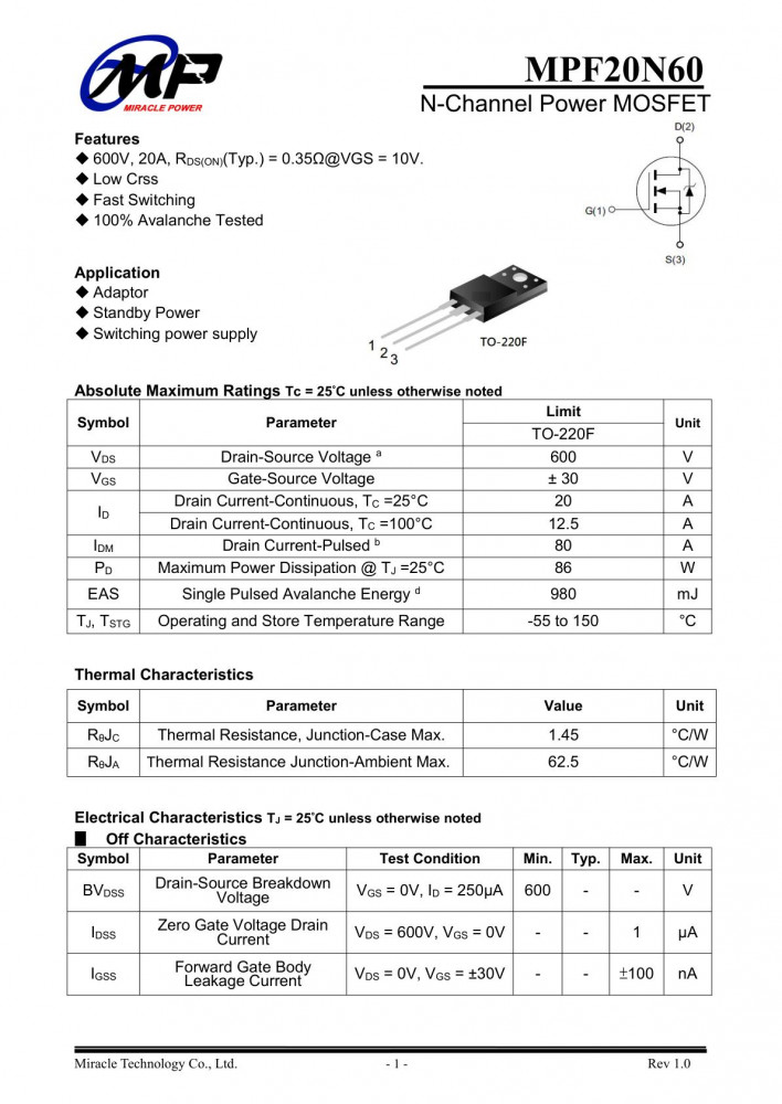 MPF20N60 datasheet page 1