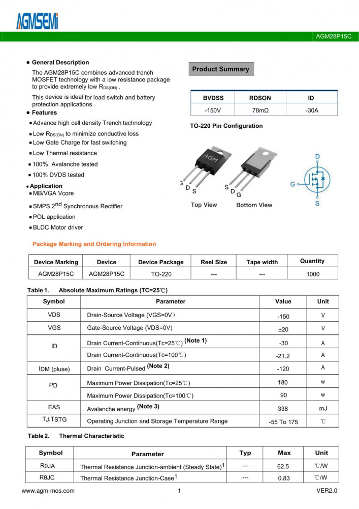 AGM28P15C datasheet page 1