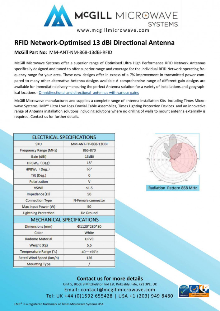 MM-ANT-NM-868-13DBI-RFID technical specification and 868 MHz radiation pattern