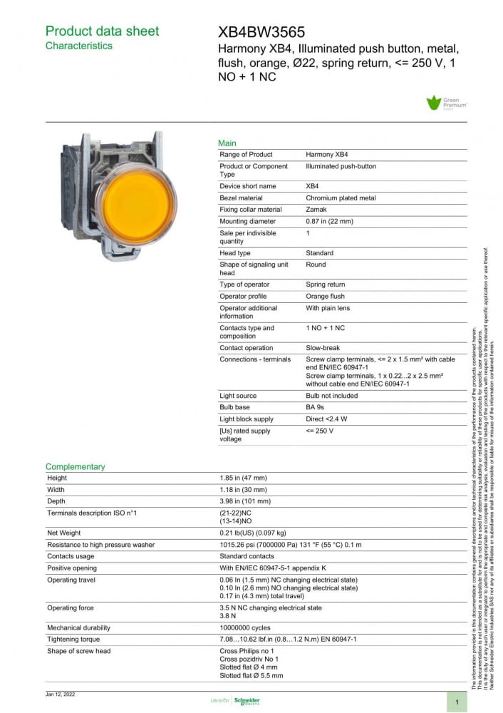 XB4BW3565 technical document page 1