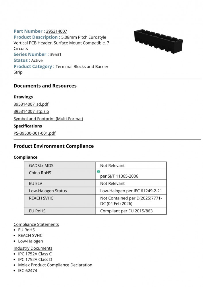 MOLEX 395314007 technical document preview, page 1