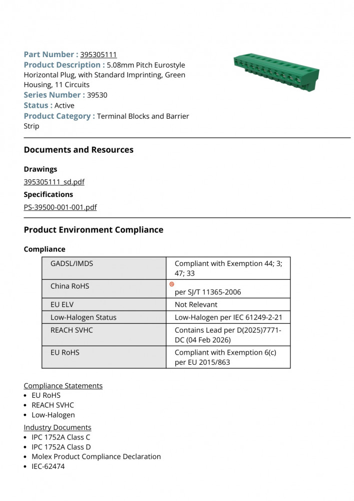 MOLEX 395305111 technical document page 1