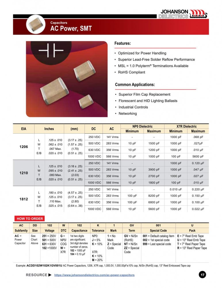 Johanson Dielectrics AC power capacitor technical document preview