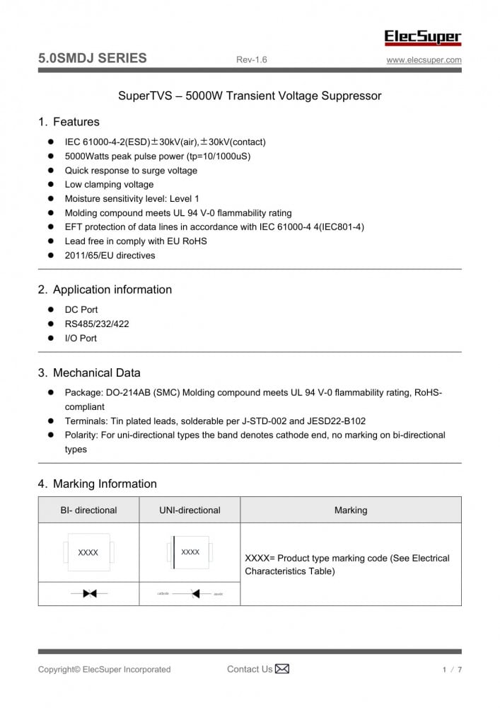 ElecSuper 5.0SMDJ58CA datasheet page 1