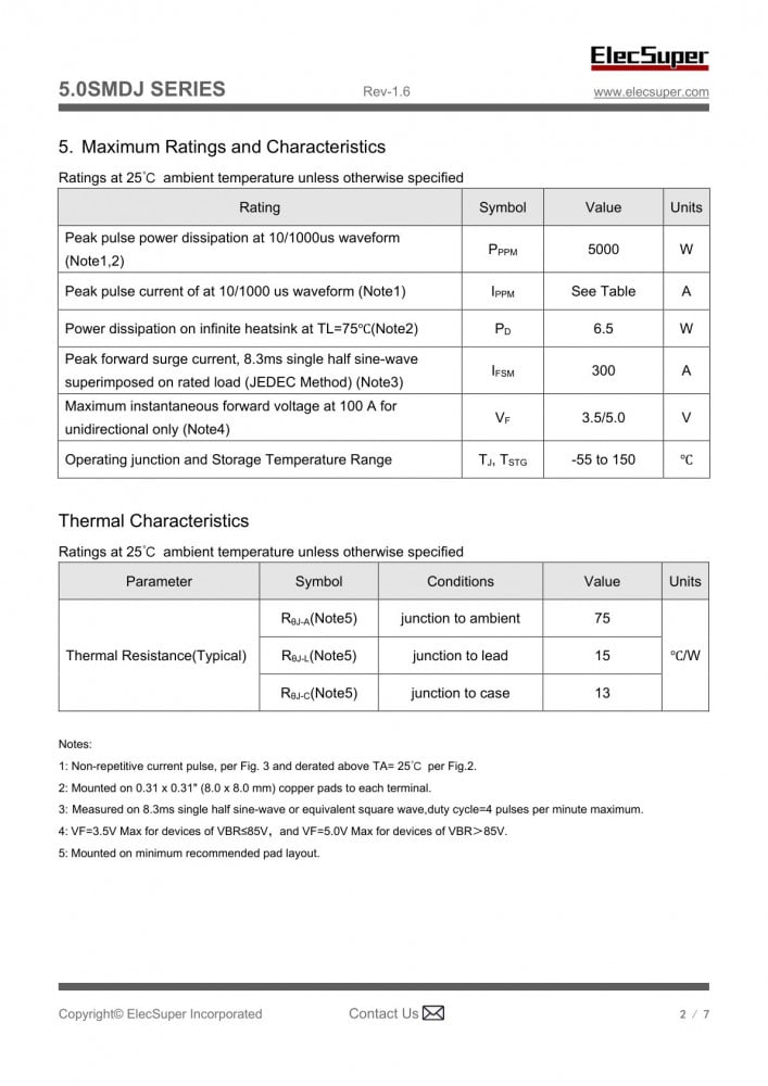 ElecSuper 5.0SMDJ58CA datasheet page 2
