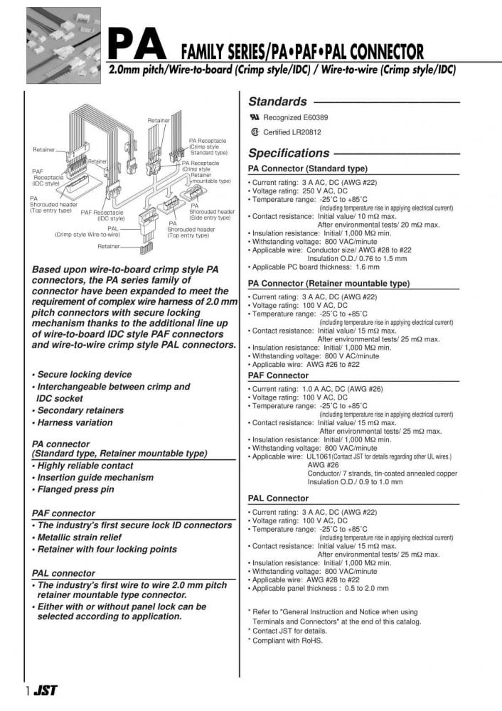 JST PA family datasheet page 1