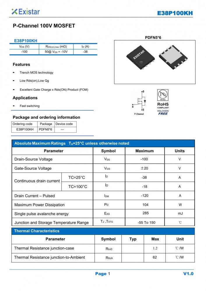 E38P100KH datasheet page 1