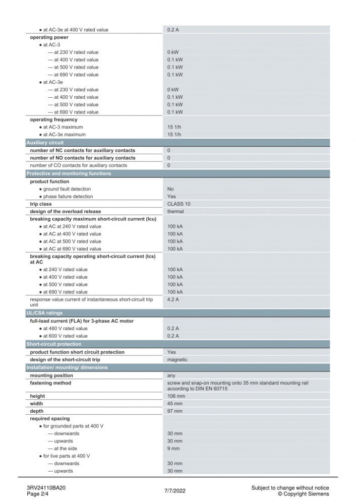 SIEMENS 3RV24110BA20 datasheet page 2