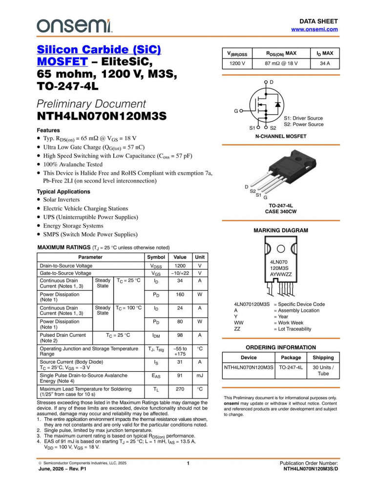 NTH4LN070N120M3S datasheet page 1