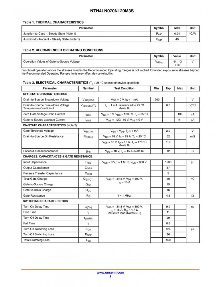 NTH4LN070N120M3S datasheet page 2
