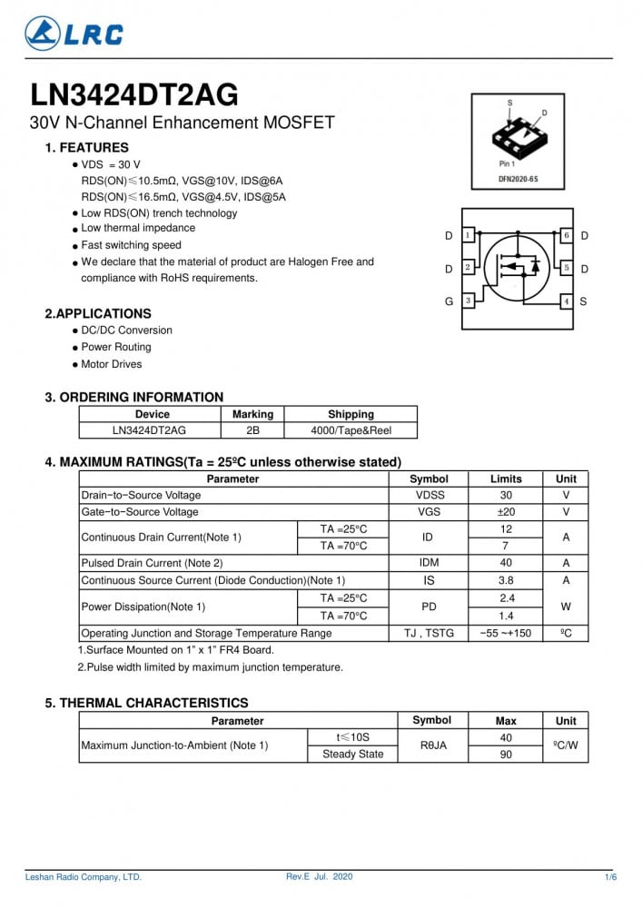LN3424DT2AG datasheet page 1