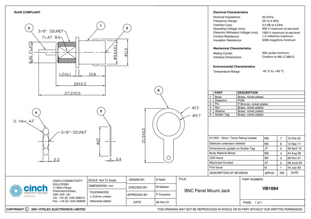 CINCH VB1094 BNC panel mount jack technical drawing
