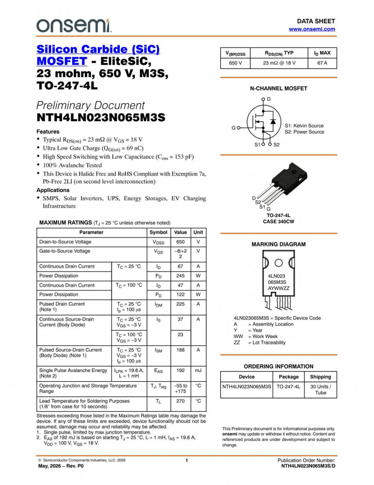 NTH4LN023N065M3S datasheet page 1