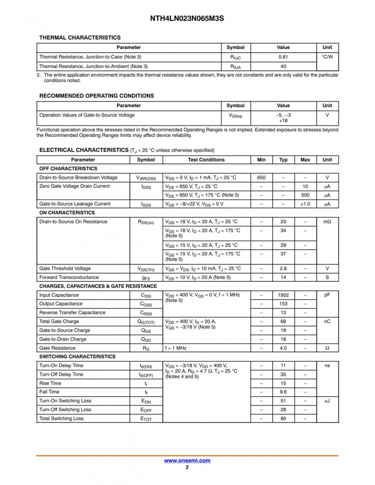 NTH4LN023N065M3S datasheet page 2