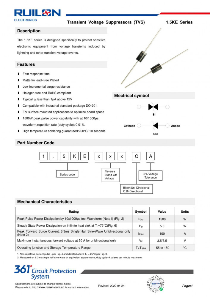 1.5KE series datasheet page 1