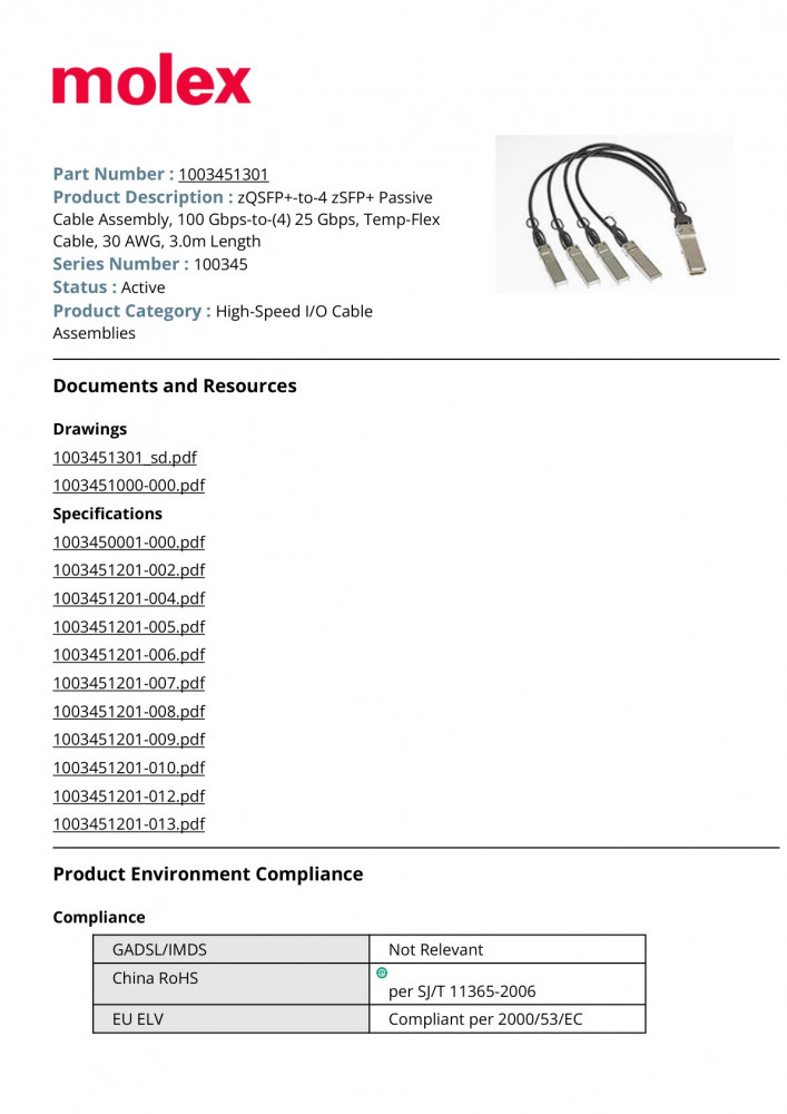 MOLEX cable assembly technical document, page image 1