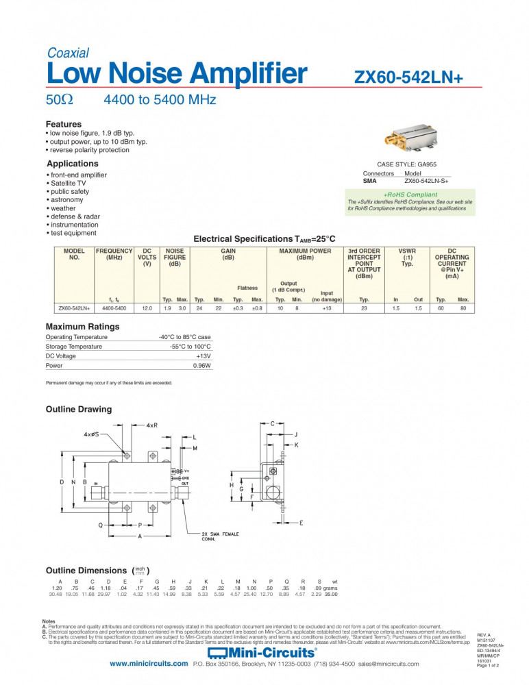 ZX60-542LN-S+ technical document page 1