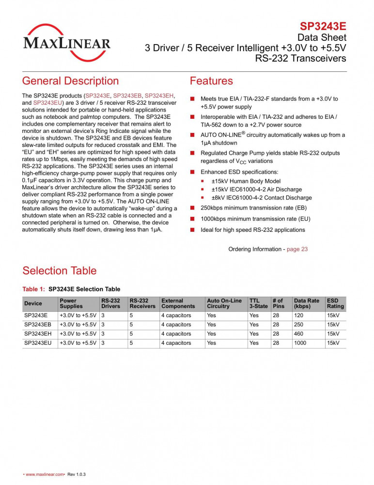 SP3243E datasheet page 1