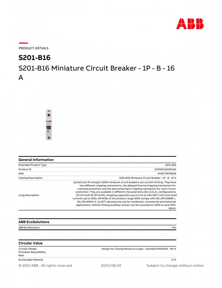 ABB S201-B16 technical document page 1