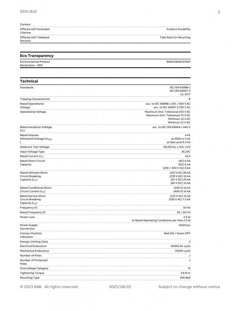 ABB S201-B16 technical document page 2