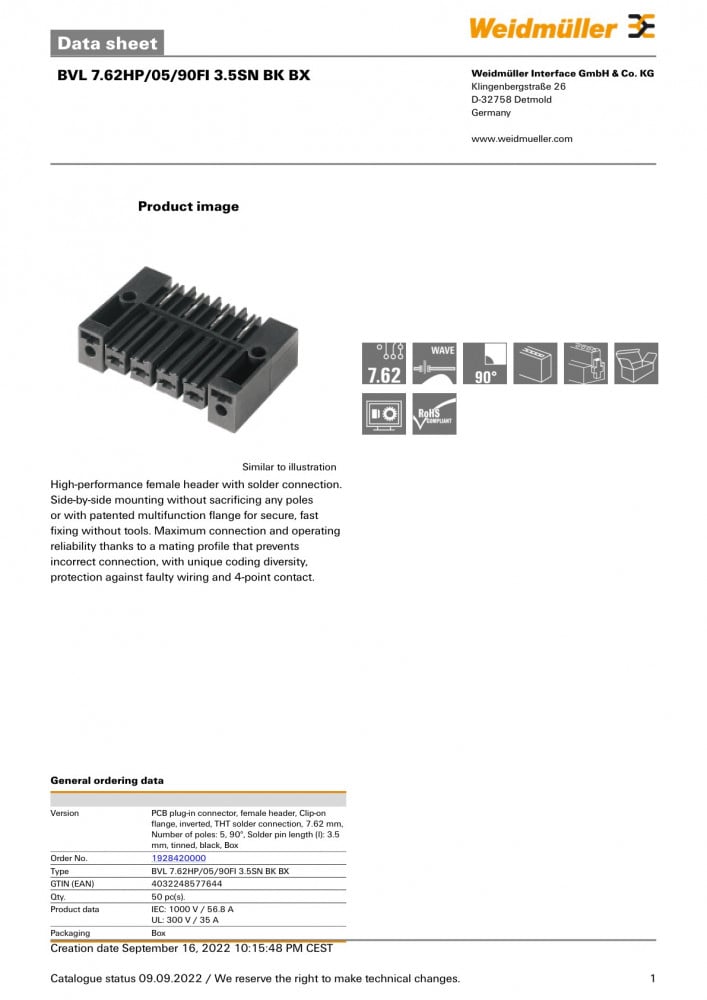 Weidmüller 1928420000 product data page