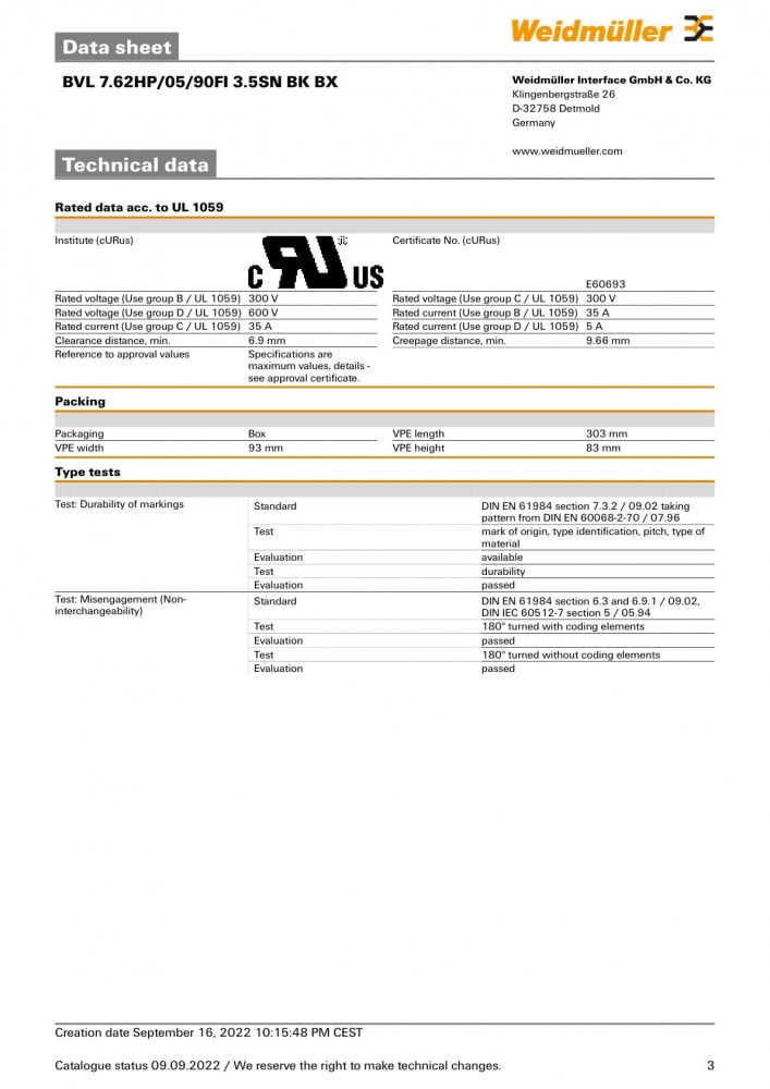 Weidmüller 1928420000 IEC ratings page