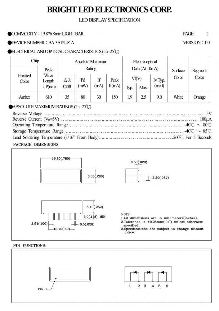 BA-3A12UZ-A specification page 2, electrical and optical characteristics and package information