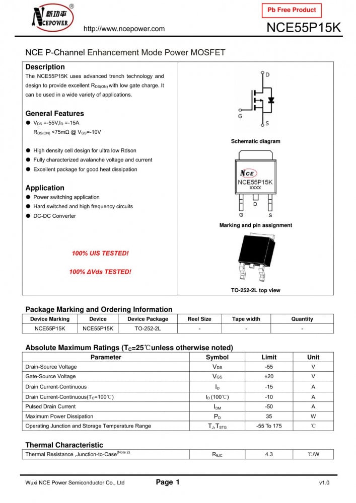 NCE55P15K datasheet page 1